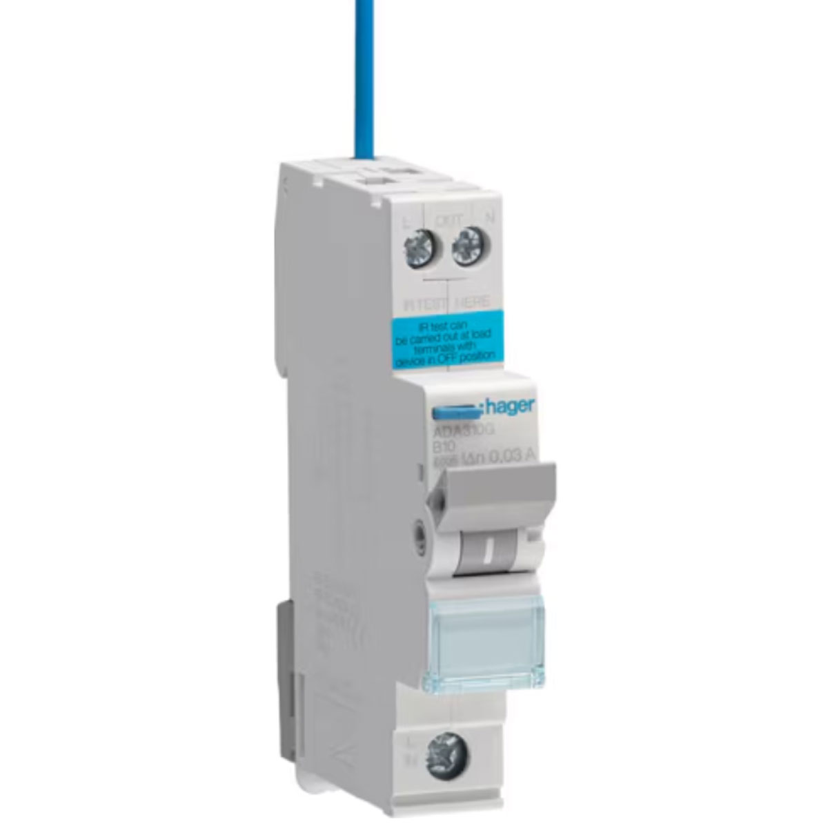 Hager | ADA310G | 10A Single Pole 1 Module B Curve 6kA 30mA Type A RCBO | Superlec Direct