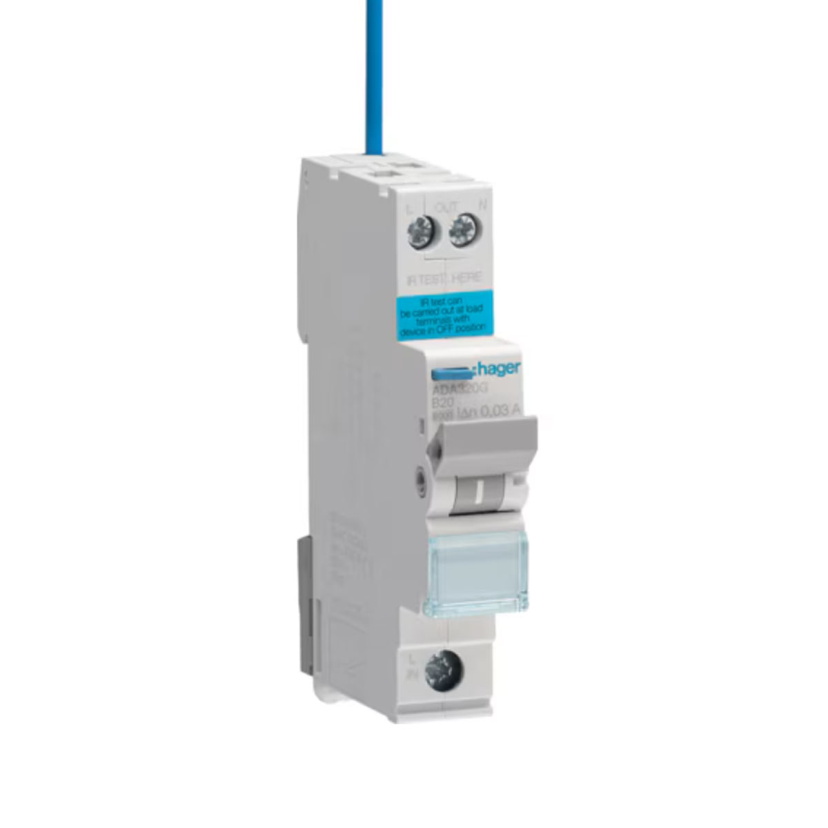Hager | ADA320G | 20A Single Pole 1 Module B Curve 6kA 30mA Type A RCBO | Superlec Direct
