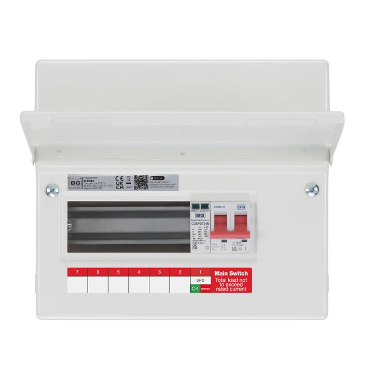 BG Electrical | CF9MS6-01 | Consumer Unit 9 Module, 6 Way, Unpopulated 100A Main Switch, 1 x T2 ...