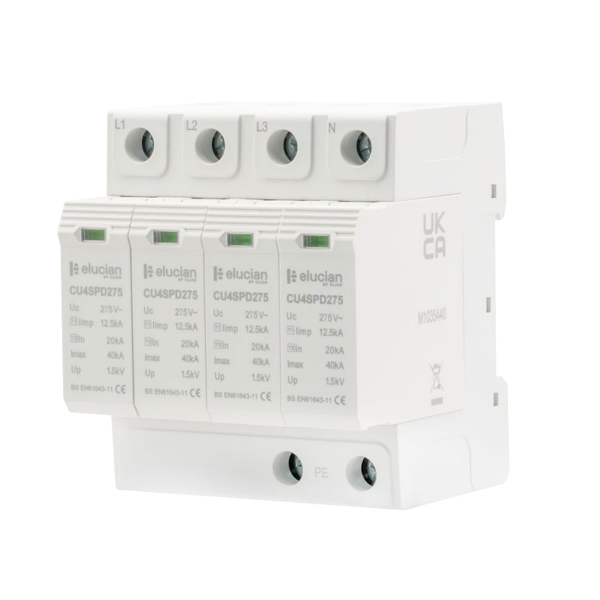 Click Elucian | CU4SPD275 | 3 pole+N 275Uc 40kA T1&T2 SPD Plate & Tails ...