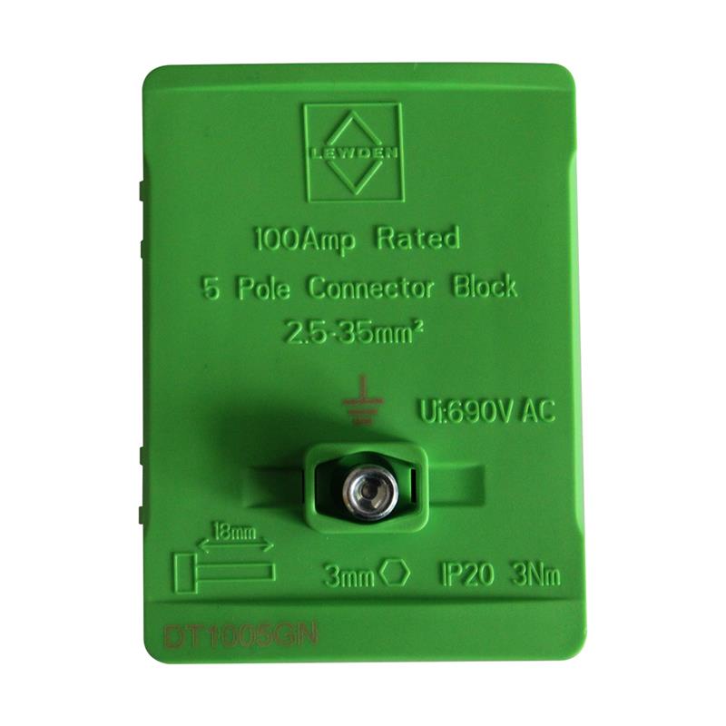 Lewden | DT1005GN | 100a 5 Way Connector Block - Green | Superlec Direct