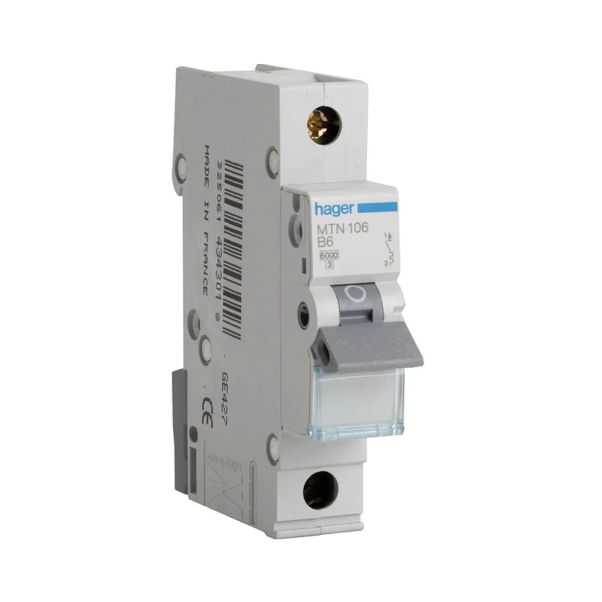 Hager | MTN106 | 6A 1 Pole Type B 6kA Miniature Circuit Breaker - Single Pole MCB | Superlec Direct