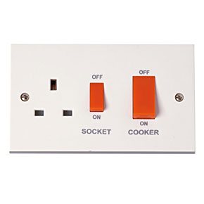 PRW204 | SCOLMORE | White 45amp Cooker Switch with 13amp switched socket and Neon | 45amp 2 gang ...