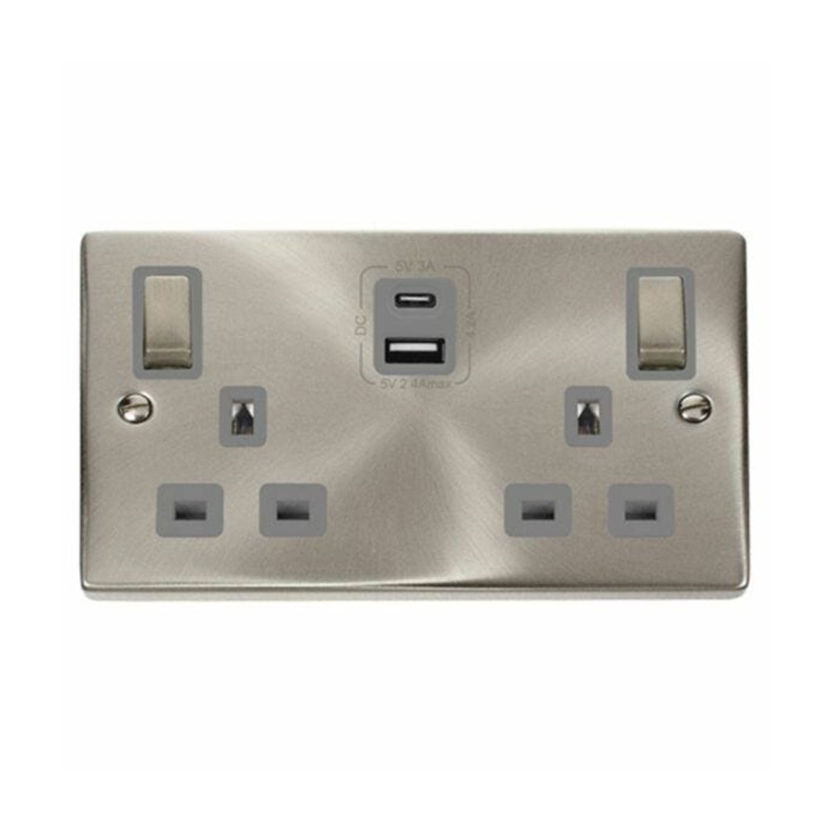 Click | VPSC586GY | Deco Satin Chrome Ingot 2 Gang 13A 1x USB-A 1x USB ...