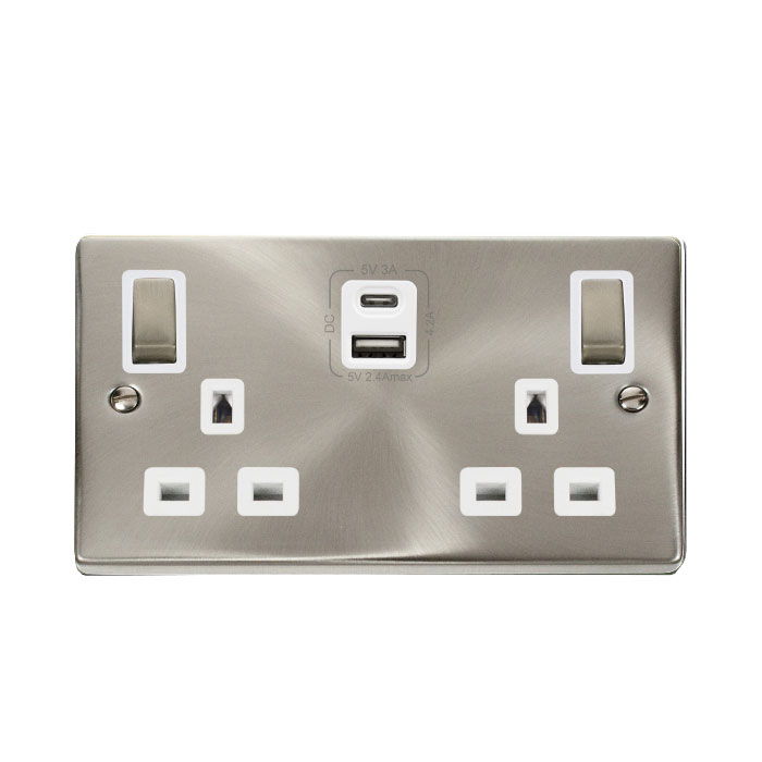 Vpsc586wh Scolmore Click Deco 13a 2 Gang Switched Socket With Usb A And C Satin Chrome